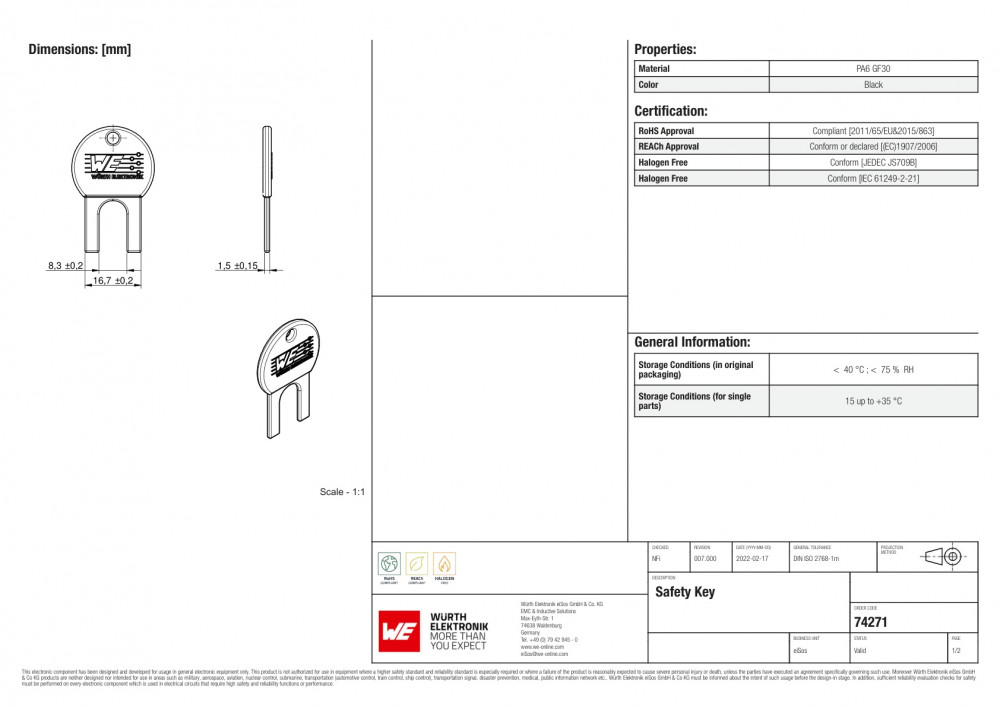 74271 Safety Key technical drawing, page 1