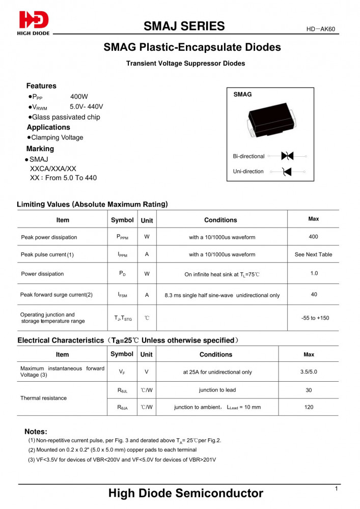High Diode SMAJ series datasheet page 1