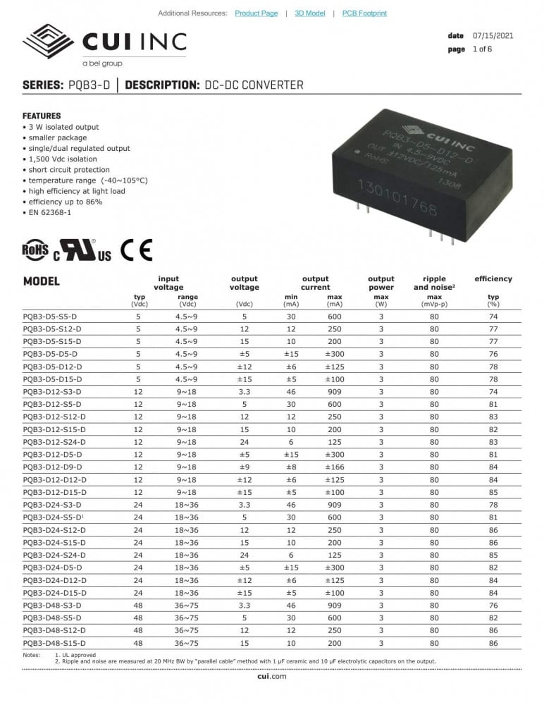 CUI PQB3-D series datasheet page 1