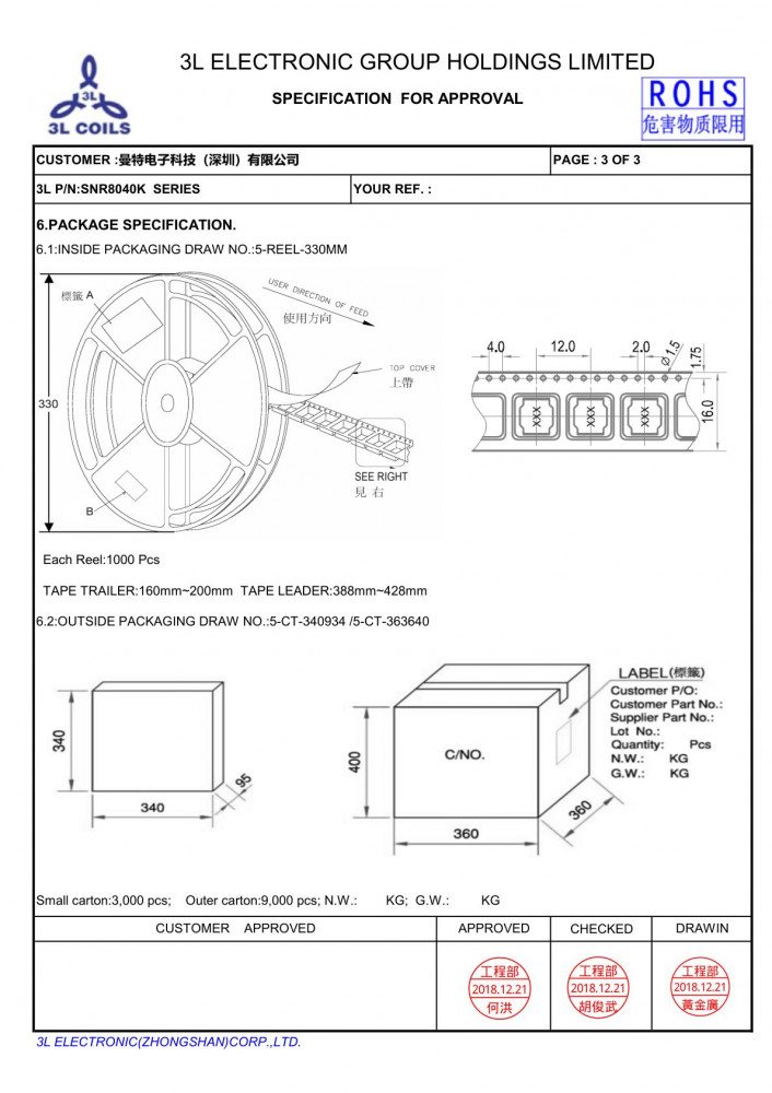 SNR8040K series packaging specification page 3