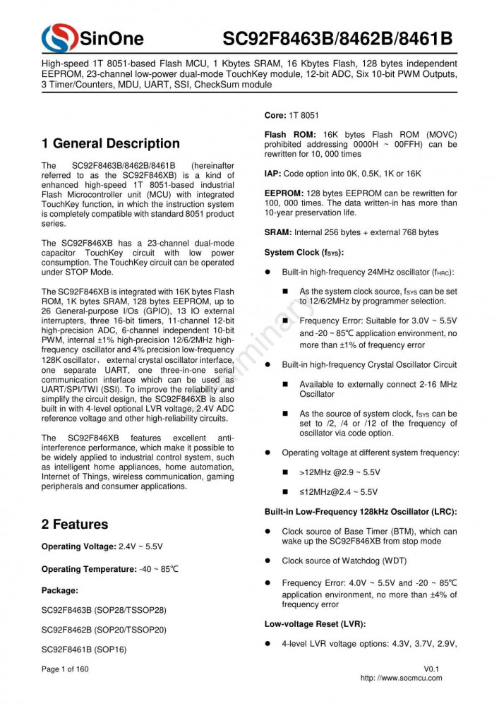 SC92F8463B technical document page 1