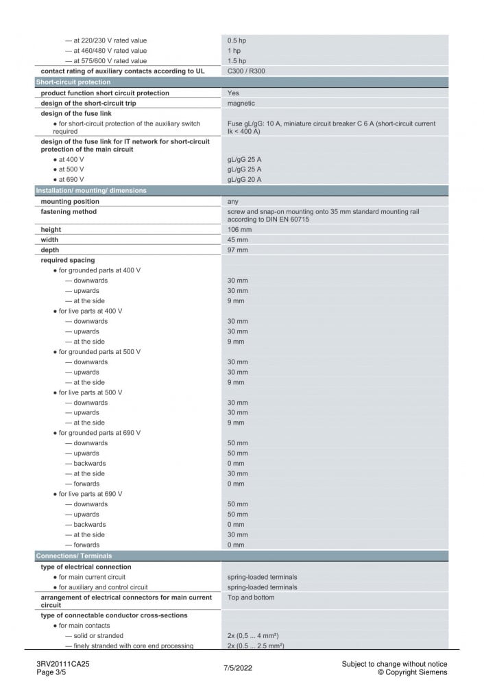 SIEMENS 3RV20111CA25 datasheet page 3