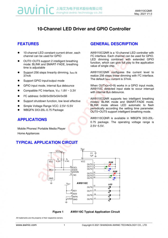 AW9110CQNR technical document page 1