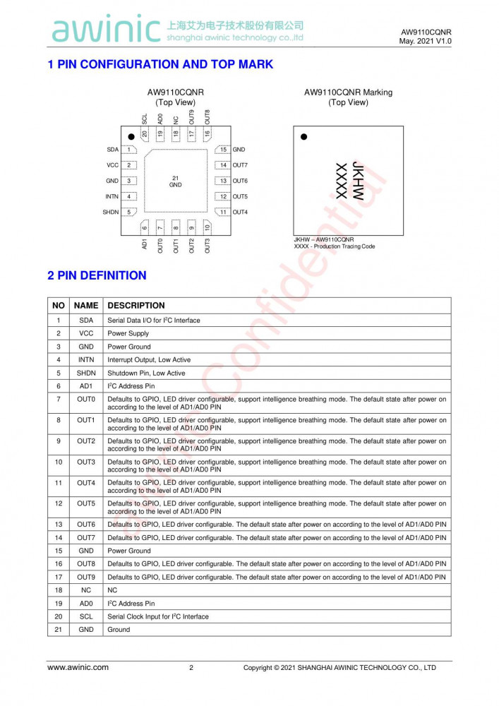 AW9110CQNR technical document page 2