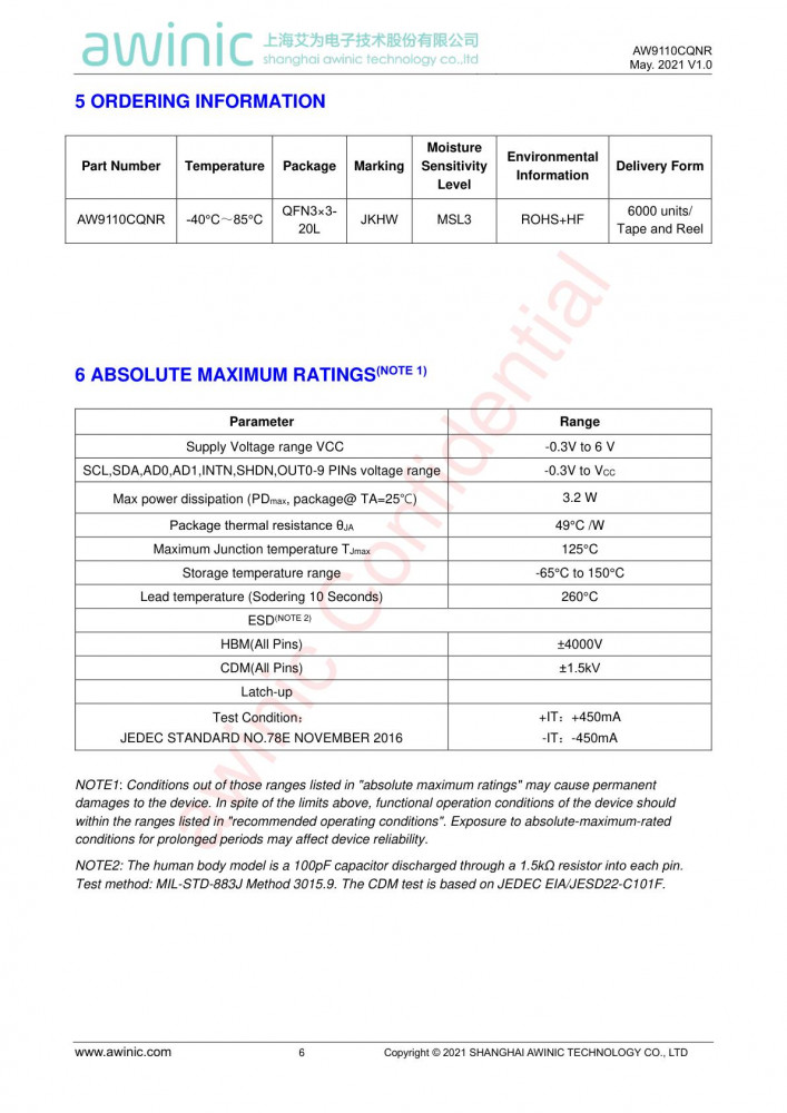 AW9110CQNR technical document page 6