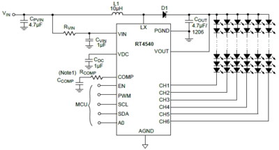 RT4540 - 6V High Efficiency Boost Converter with I2C Controlled 6-CH LED Driver for sale