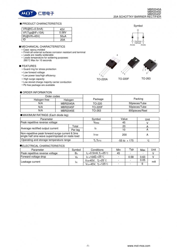 MBR2045F datasheet page 1