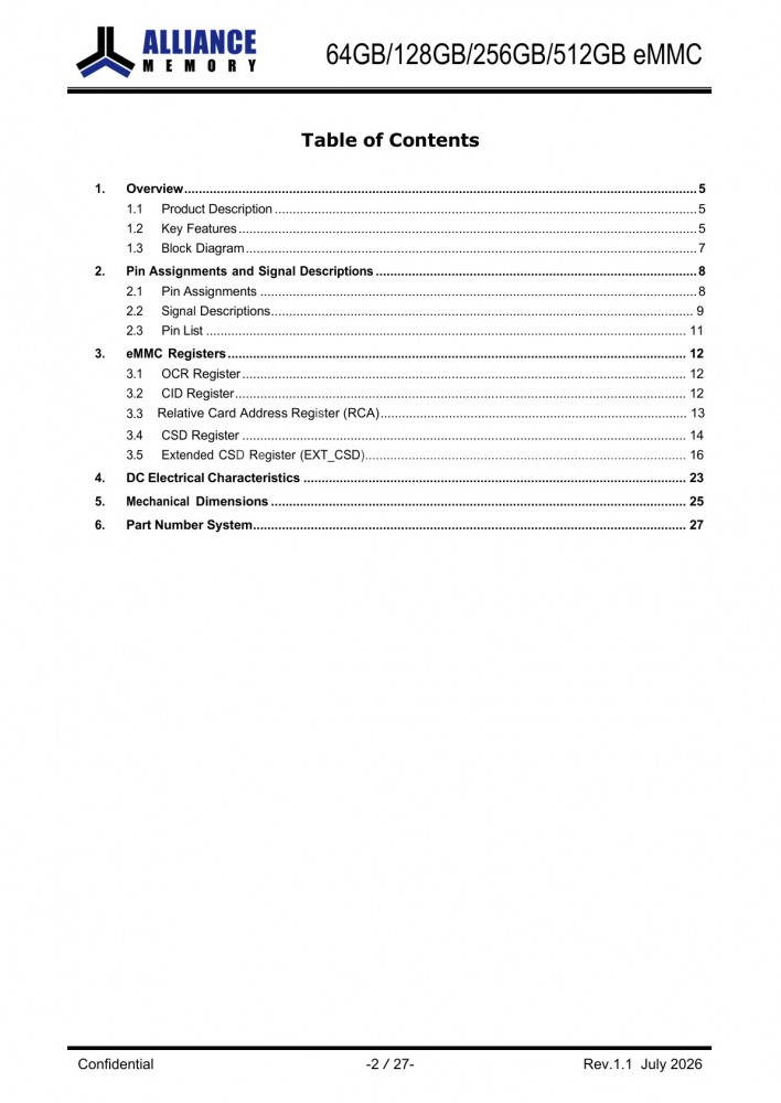 Alliance Memory eMMC document page 2