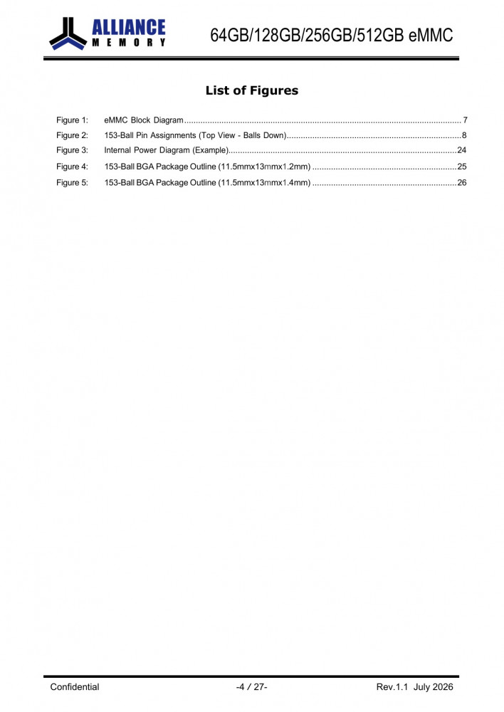 Alliance Memory eMMC document page 4