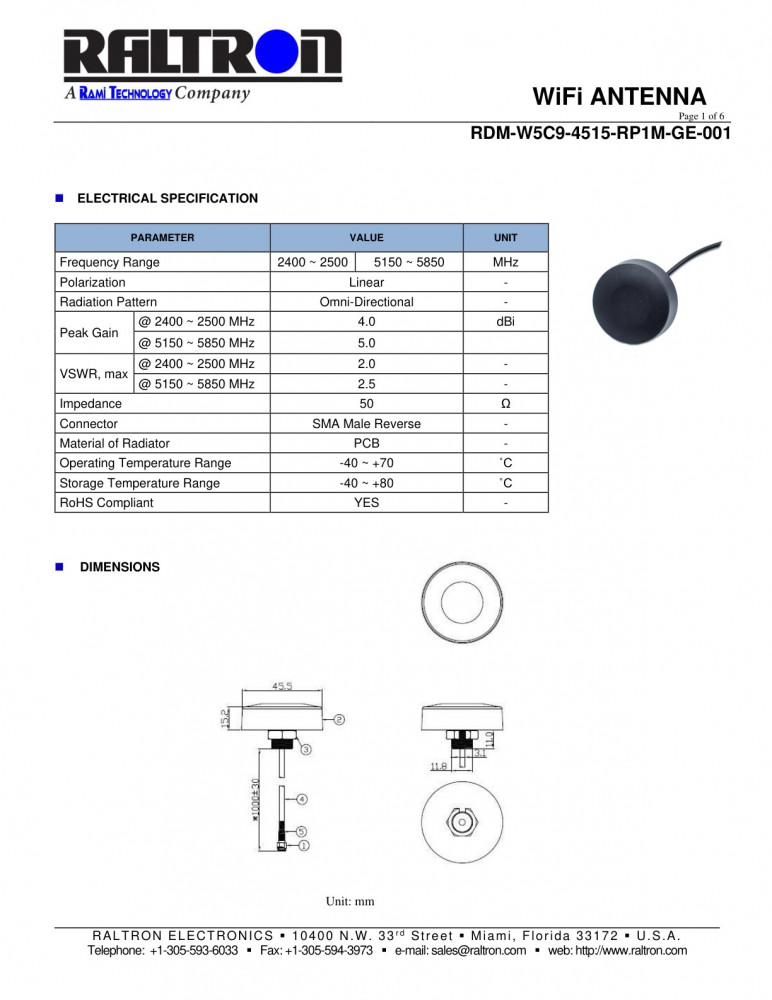 Raltron antenna datasheet page 1
