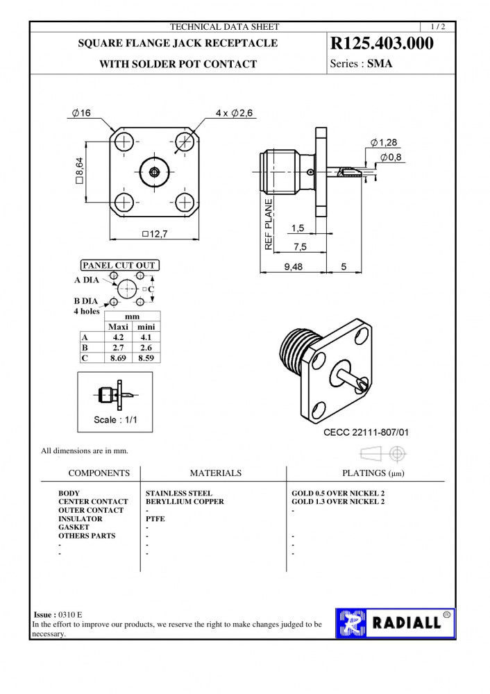 Radiall R125.403.000 technical data sheet, page 1