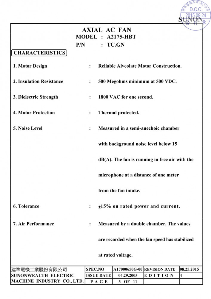 SUNON A2175-HBT specification page 3