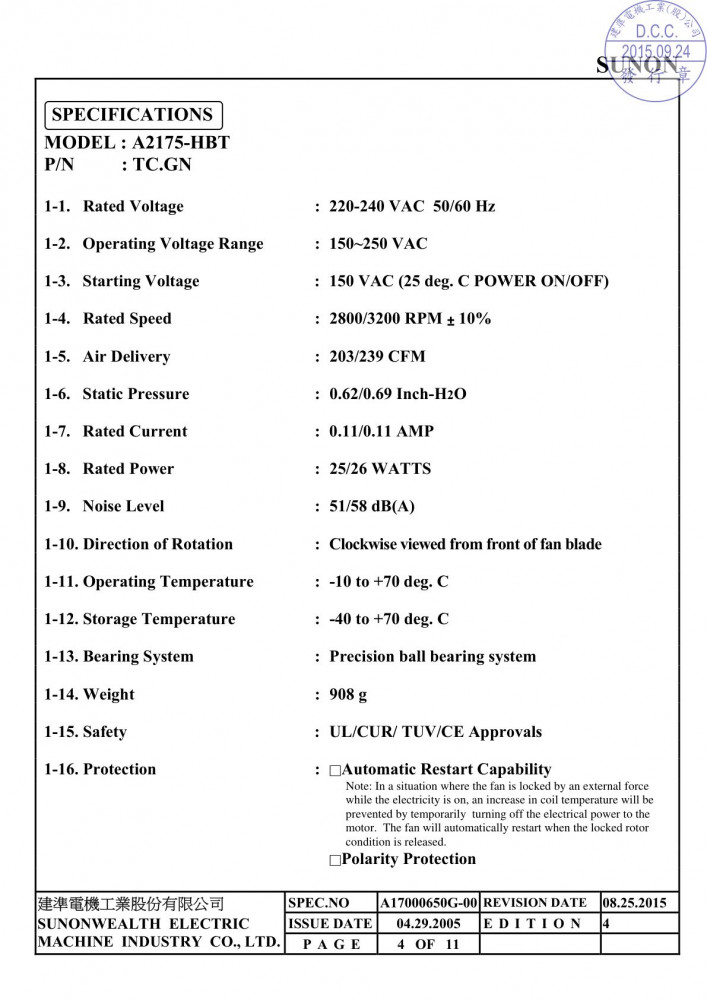 SUNON A2175-HBT specification page 4