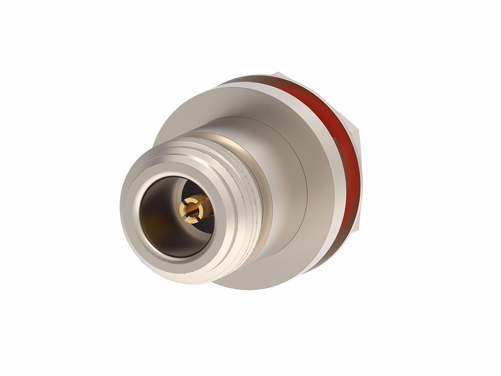 N Jack, Straight, Bulkhead Receptacle, PCB, Edge Mount, with Jam Nut and Lockwasher, Brass Body, Nickel (Ni) Plated, Tray, 50 Ohms