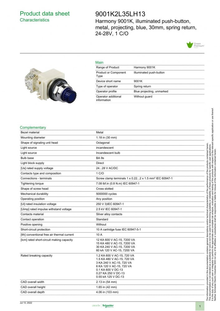 9001K2L35LH13 technical document page 1