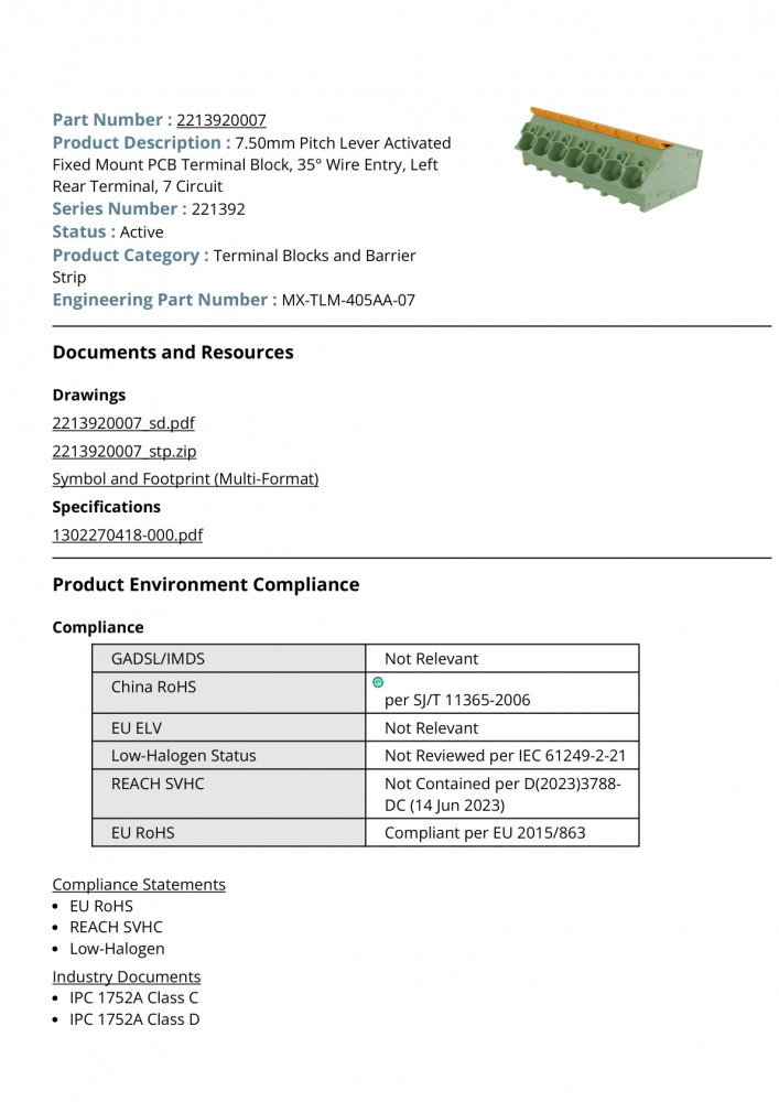 MOLEX 2213920007 technical document image, page 1