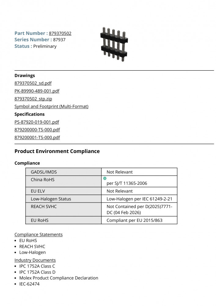 MOLEX 879370502 technical document preview, page 1