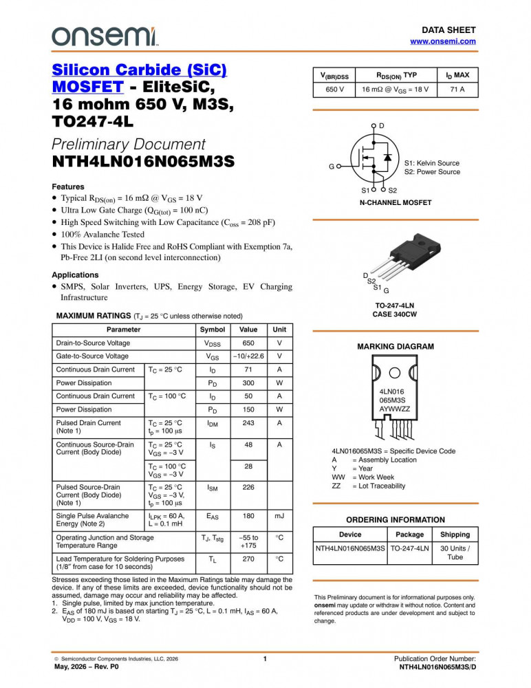 NTH4LN016N065M3S datasheet page 1