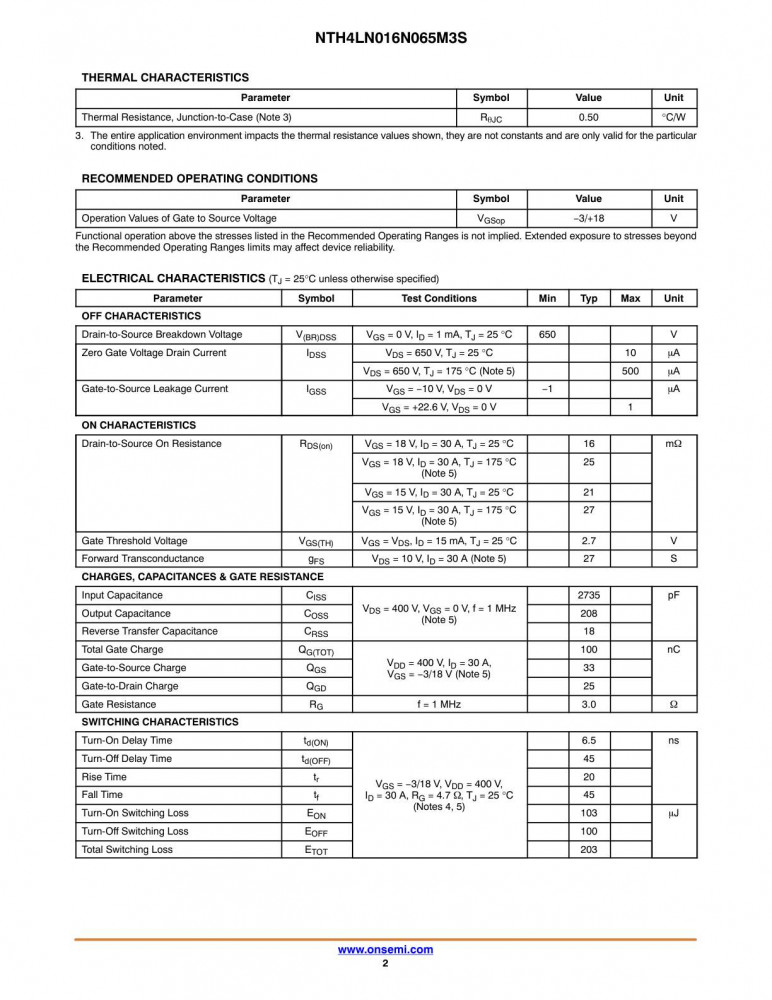NTH4LN016N065M3S datasheet page 2
