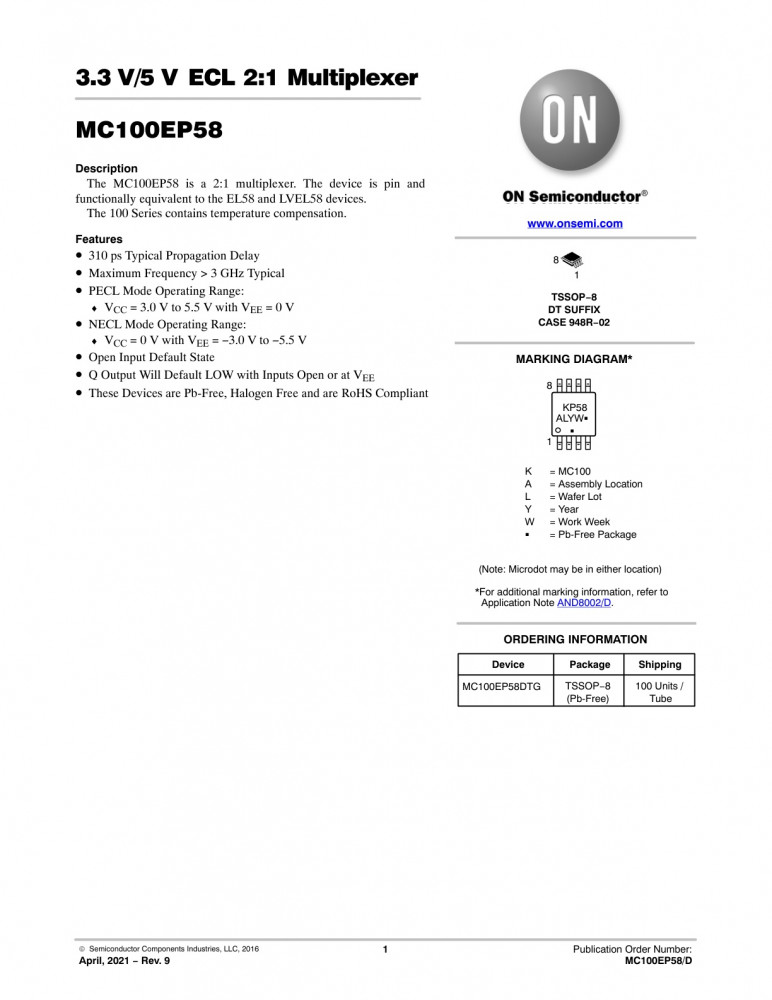 MC100EP58 datasheet page 1