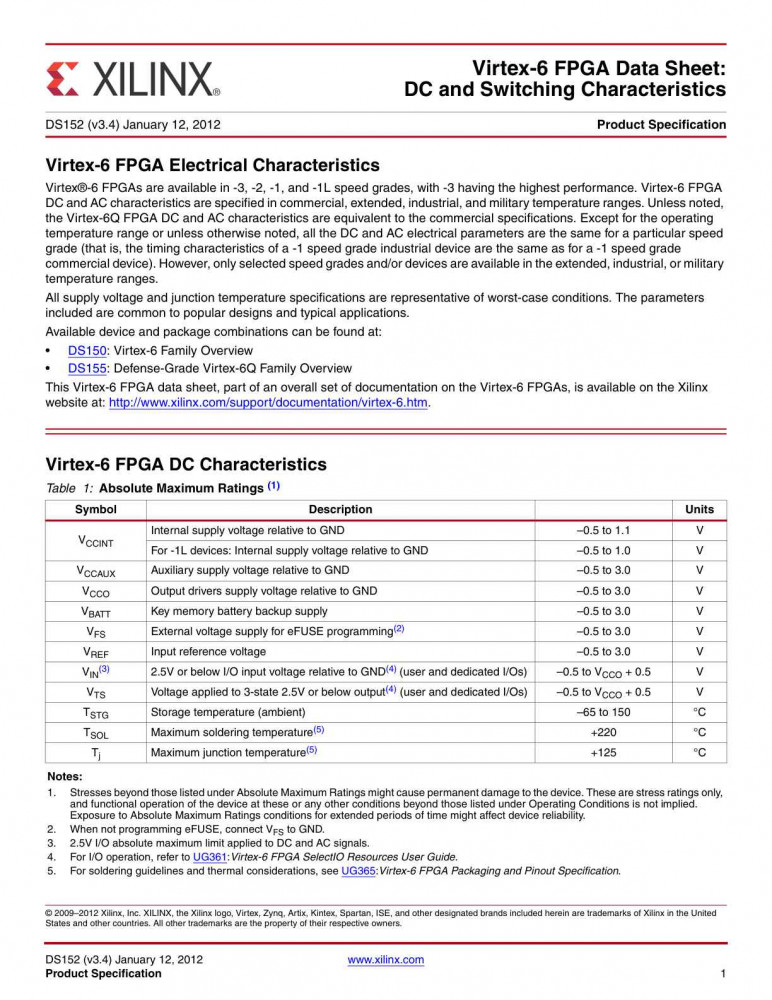 Virtex-6 electrical characteristics page 1