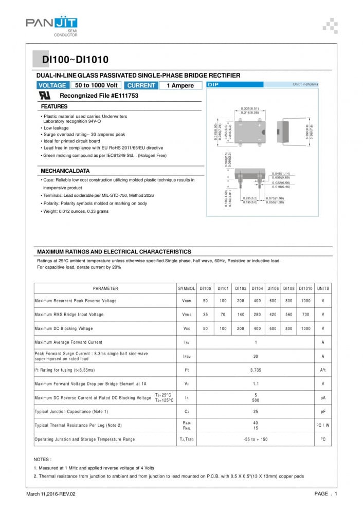 PANJIT DI106 datasheet page 1