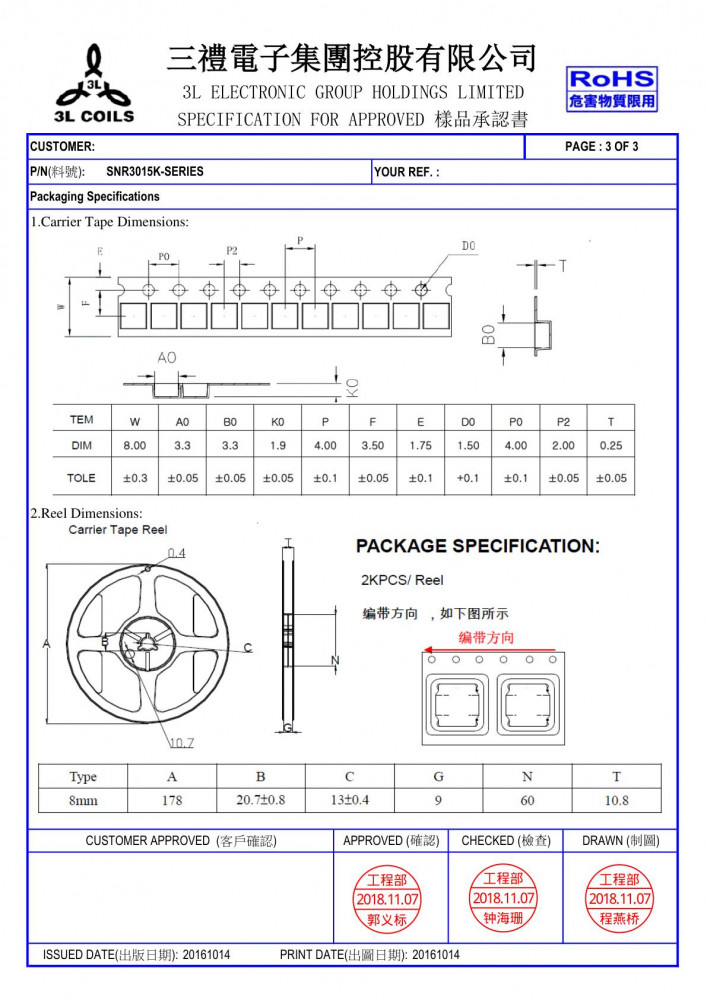 SNR3015K series carrier tape dimensions