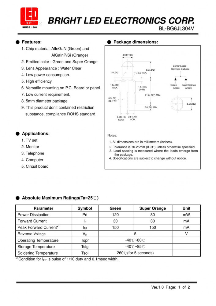 BL-BG6JL304V technical datasheet page 1