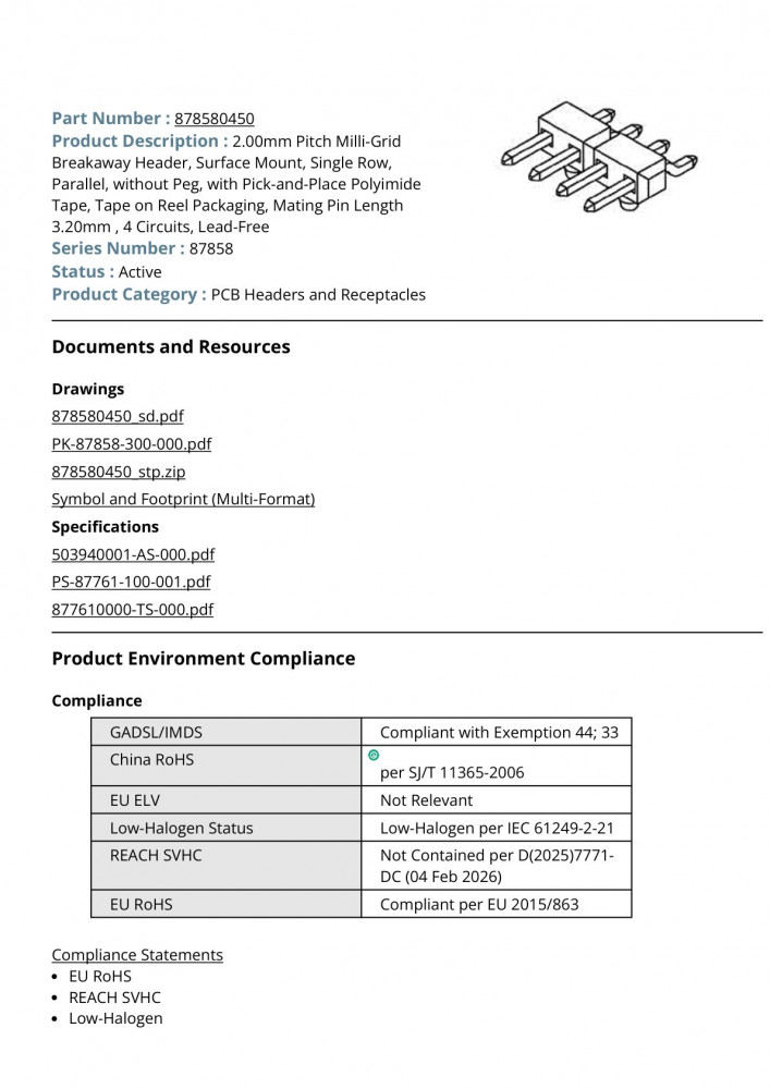 MOLEX 878580450 technical document preview, page 1