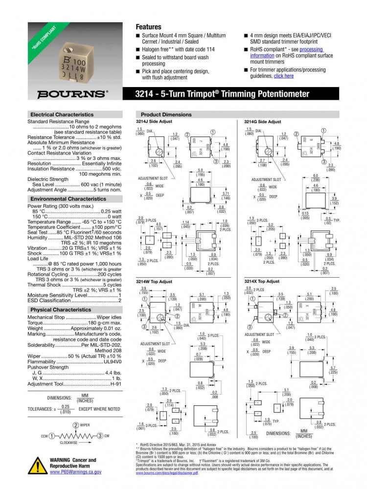 BOURNS 3214 series electrical characteristics datasheet page