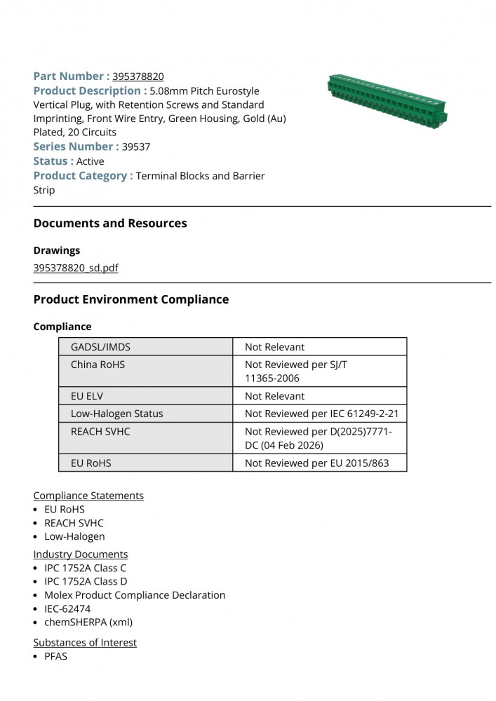 MOLEX 39537 series customer drawing, page 1