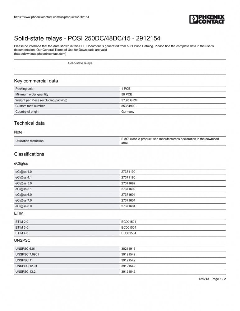Phoenix Contact 2912154 technical document page 1