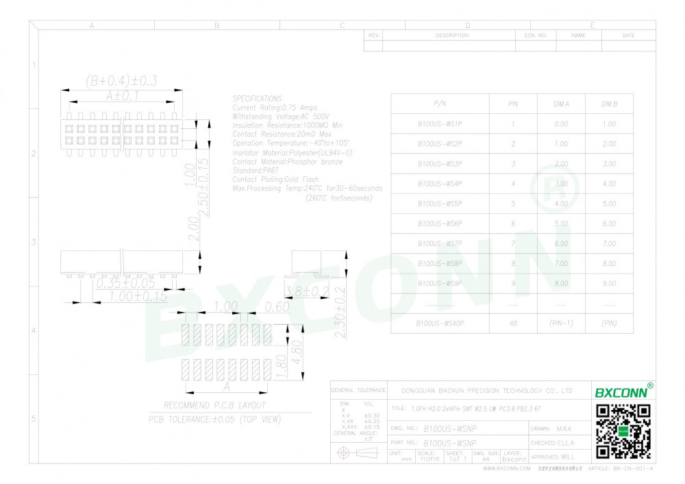 BXCONN B100US-WSxP mechanical drawing preview