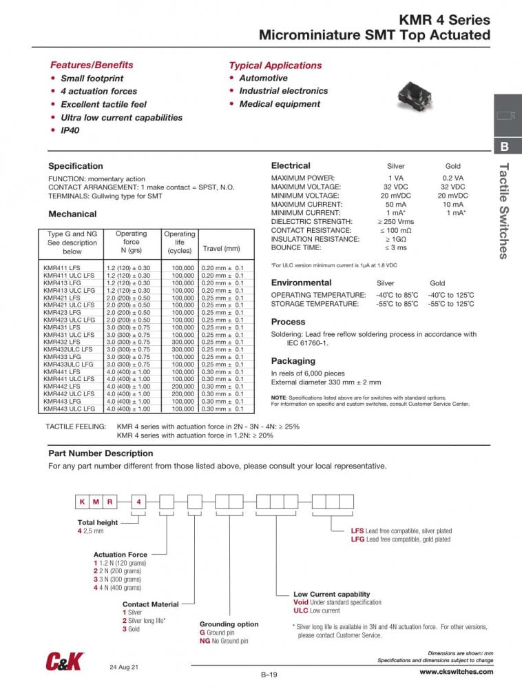 C&K KMR433GLFG technical document page 1