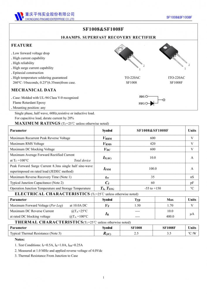 SF1008F datasheet page 1