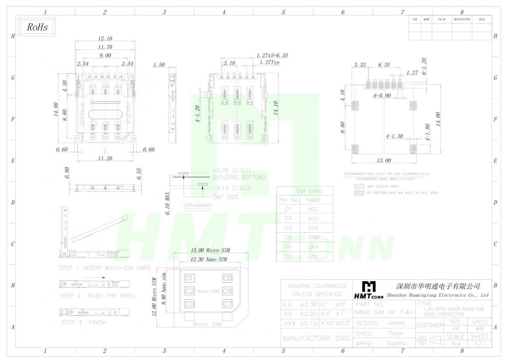 HMTCONN NANO SIM 6P 1.4H technical drawing page 1