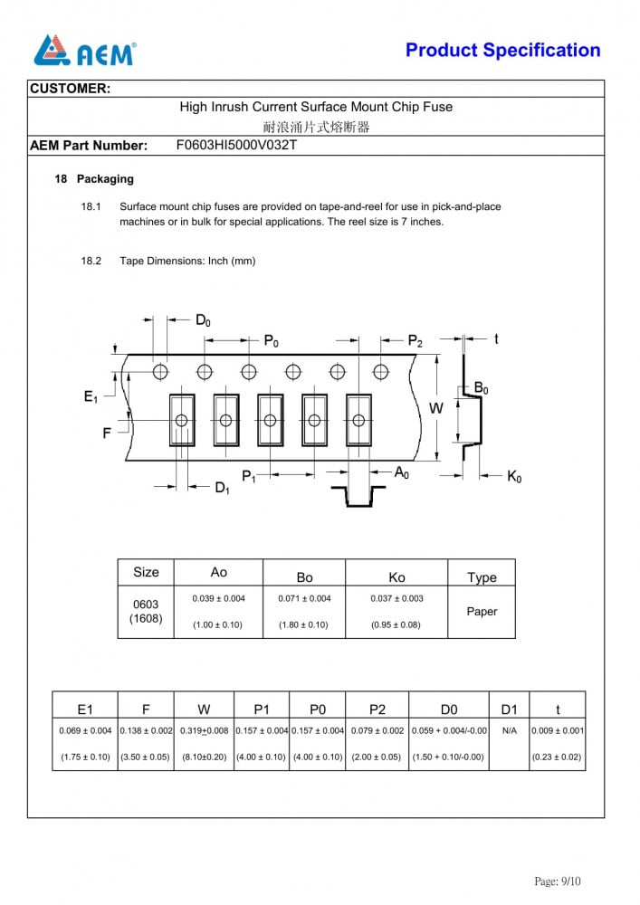 AEM F0603HI5000V032T datasheet page 9
