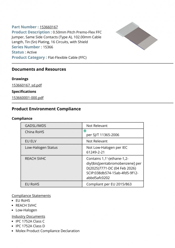 MOLEX 153660167 technical document page 1