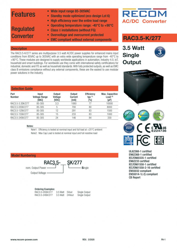 RAC3.5-K/277 datasheet page 1