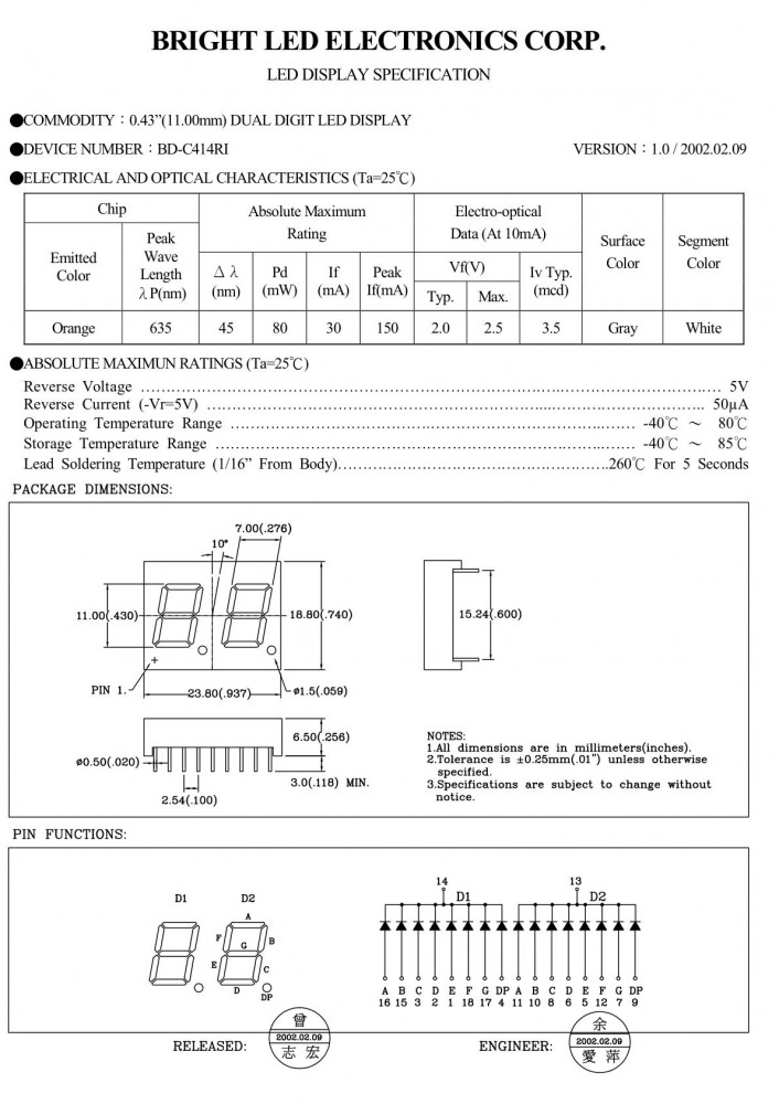 BD-C414RI technical document page 1