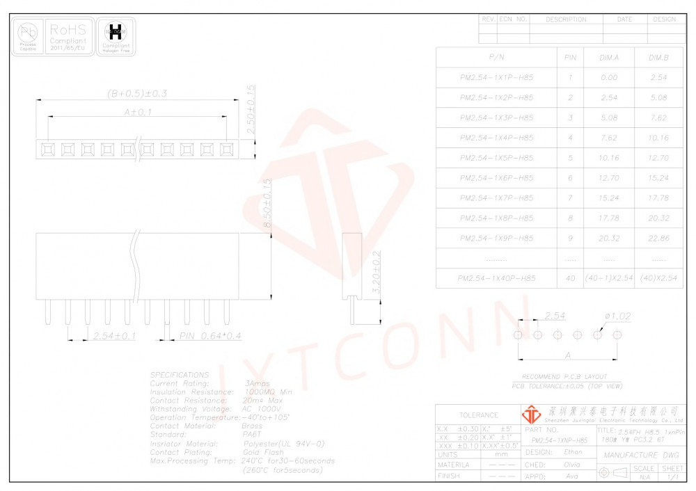 PM2.54-1X6P-H85 technical document page
