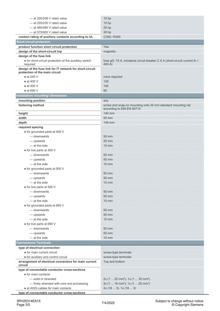 3RV20314EA15 datasheet page 3