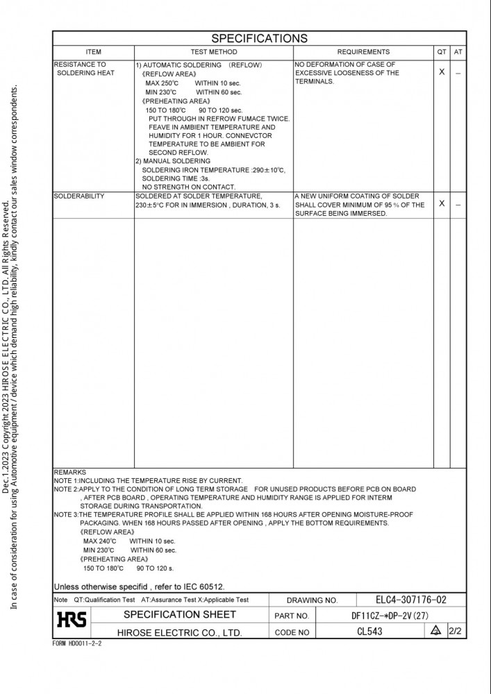 HRS DF11CZ specification sheet page 2