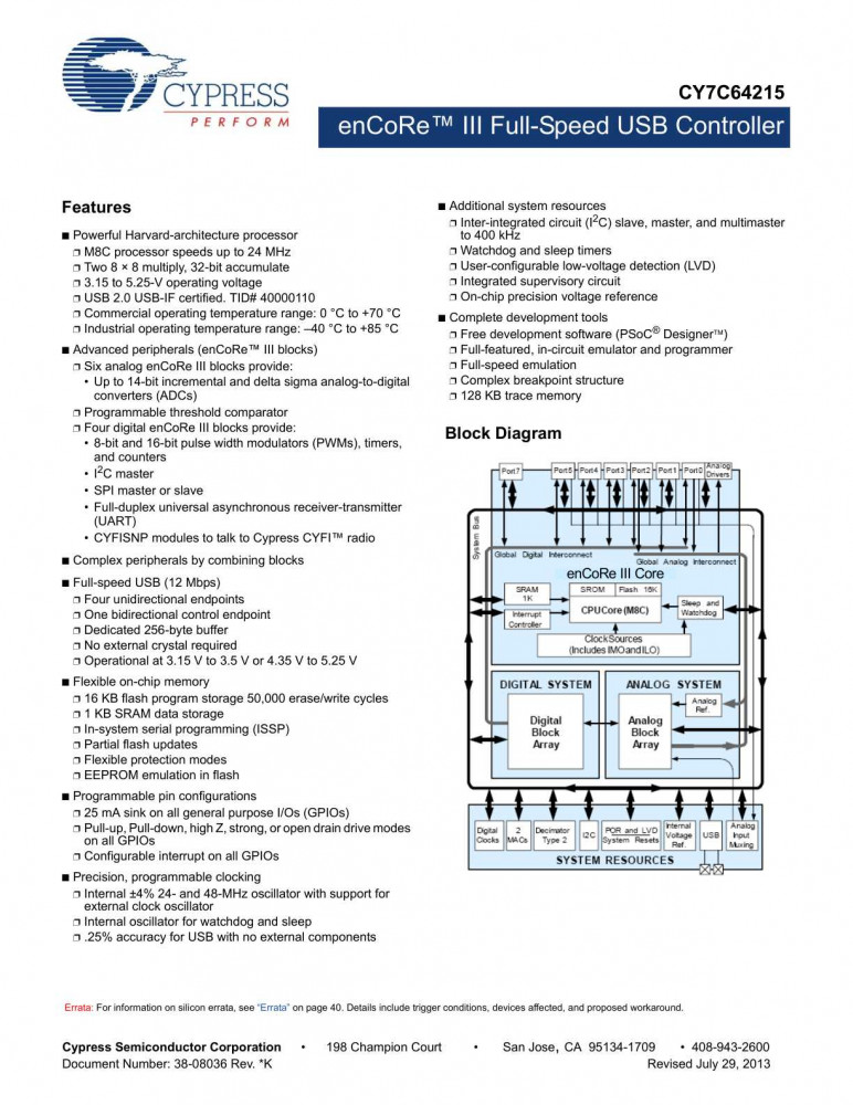 CY7C64215 datasheet page 1