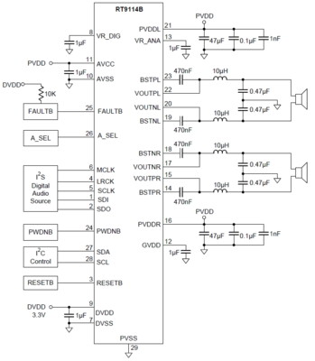 RT9120M - 2x20W, Inductor-Less I2S-input, Low Noise, High-Efficiency Closed-Loop General-Purpose Class-D Digital Audio Amplifier with DRC Control