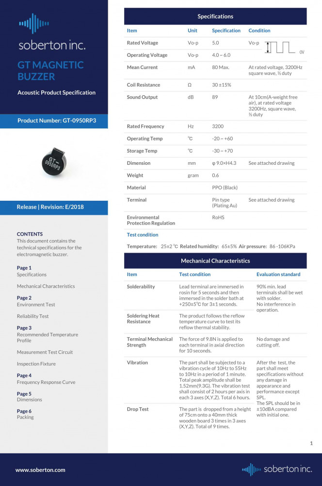 GT-0950RP3 datasheet page 1: specifications and mechanical characteristics