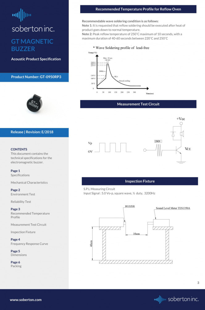 GT-0950RP3 datasheet page 3: soldering profile and measurement circuit
