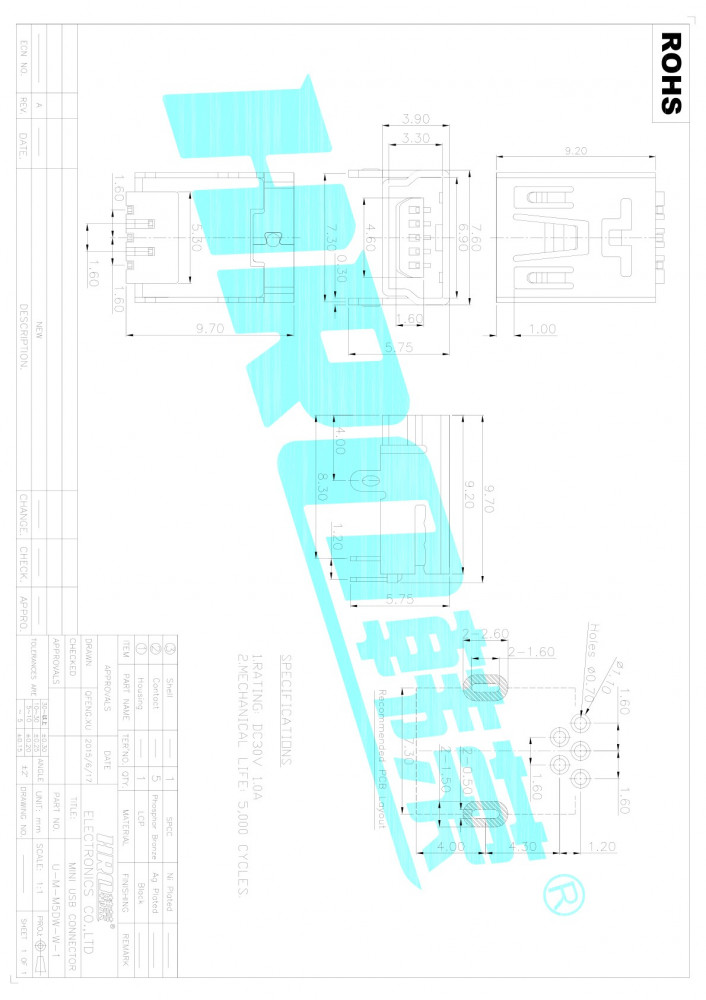 HRO U-M-M5DW-W-1 Mini USB Connector technical drawing