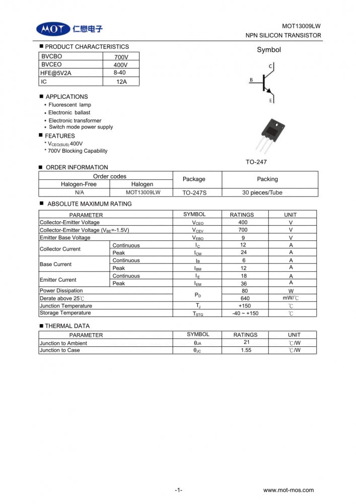 MOT13009LW datasheet page 1