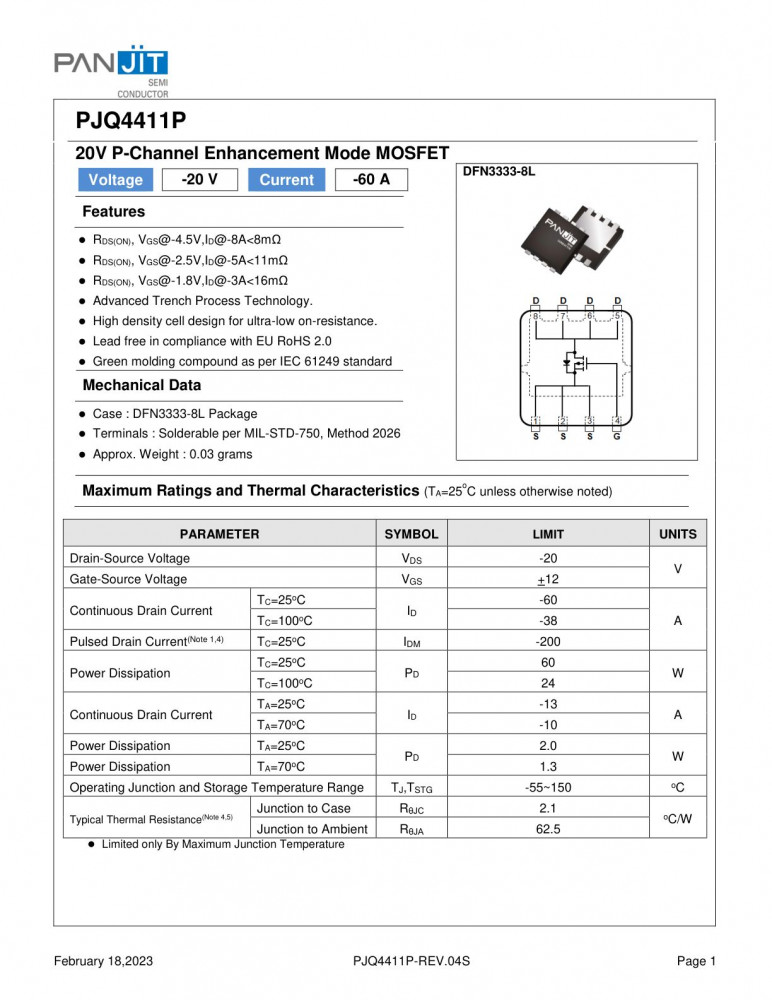 PJQ4411P datasheet page 1